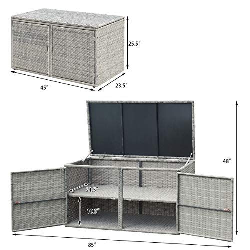 LDAILY Rattan Storage Box, Wicker Storage Box with 2 Shelves, Outdoor Deck Box, Backyard Garden Storage Box with Lid, Rattan Storage Box for Storing Accessories, Tools and Toys - Grey