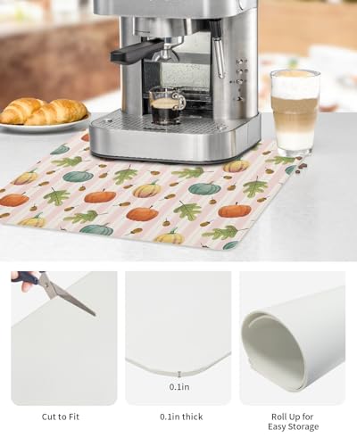 Coffee Mat for Counter, Watercolor Pumpkin Vegetable Pink Stripes Absorbent Hide Stain Coffee Bar Mat, Non-slip Coffee Bar Accessories Kitchen Drying Mat Fit Under Coffee Maker Espresso Machine