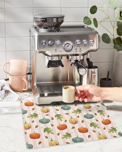 Coffee Mat for Counter, Watercolor Pumpkin Vegetable Pink Stripes Absorbent Hide Stain Coffee Bar Mat, Non-slip Coffee Bar Accessories Kitchen Drying Mat Fit Under Coffee Maker Espresso Machine
