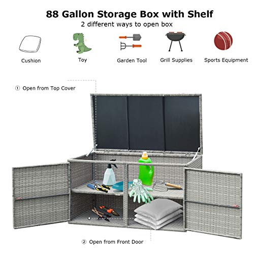 LDAILY Rattan Storage Box, Wicker Storage Box with 2 Shelves, Outdoor Deck Box, Backyard Garden Storage Box with Lid, Rattan Storage Box for Storing Accessories, Tools and Toys - Grey