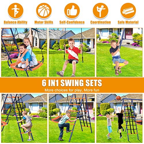 Swing Sets for Backyard 550 lbs - 6 in 1 Multifunction Kids Swing Set Outdoor Heavy Duty Extra Large Metal Swing Frame with 3 Adjustable Swing Climbing Net Climbing Ladder Basketball Hoop