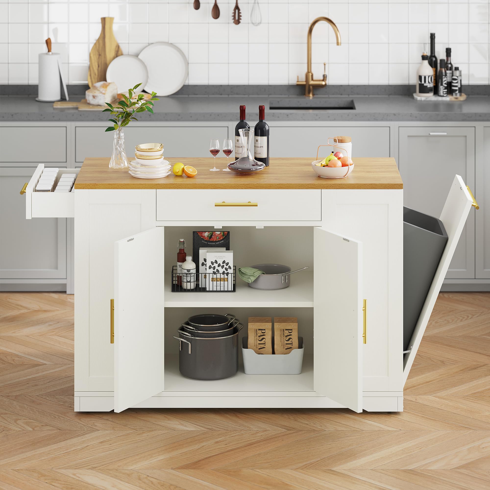 YITAHOME 53 inch Large Rolling Kitchen Island with Trash Can Storage Cabinet, Portable Mobile Islands Table Long Floating Movable w Wheels Cabinet for 13 Gallon Garbage Bin 2 Drawer, White Oak
