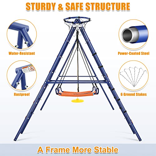 Swing Sets for Backyard 550 lbs - 6 in 1 Multifunction Kids Swing Set Outdoor Heavy Duty Extra Large Metal Swing Frame with 3 Adjustable Swing Climbing Net Climbing Ladder Basketball Hoop