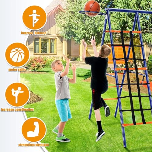 Swing Sets for Backyard 550 lbs - 6 in 1 Multifunction Kids Swing Set Outdoor Heavy Duty Extra Large Metal Swing Frame with 3 Adjustable Swing Climbing Net Climbing Ladder Basketball Hoop