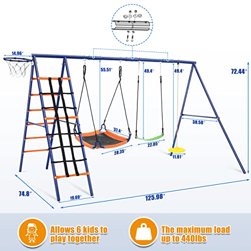 Swing Sets for Backyard 550 lbs - 6 in 1 Multifunction Kids Swing Set Outdoor Heavy Duty Extra Large Metal Swing Frame with 3 Adjustable Swing Climbing Net Climbing Ladder Basketball Hoop