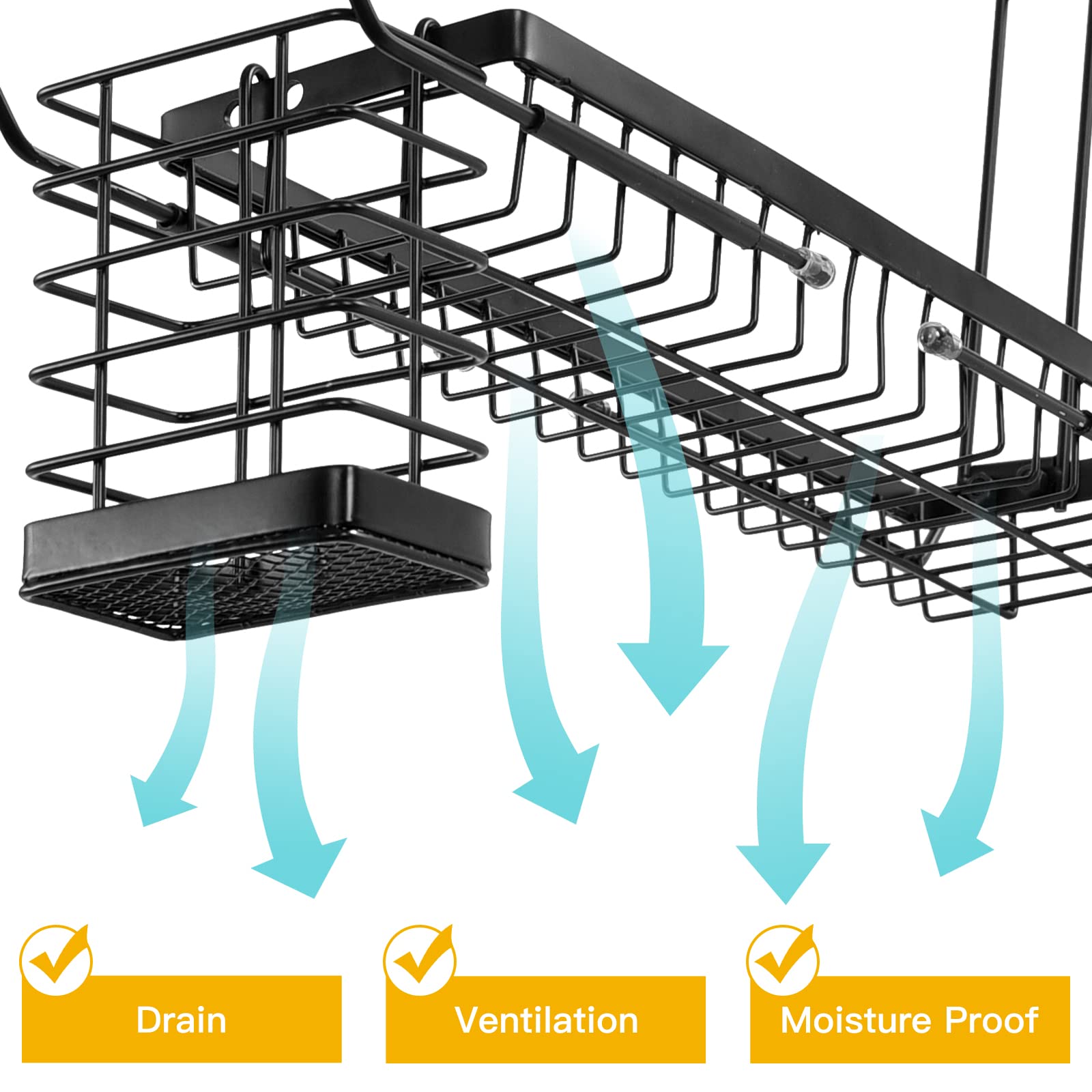 LOLOST Sink Caddy Sponge Holder, Expandable (16.7"-21.3") Kitchen Telescopic Sink Storage Rack , 4-in-1 Telescopic Sink Shelf with Dish Towels Drying Rack, Black