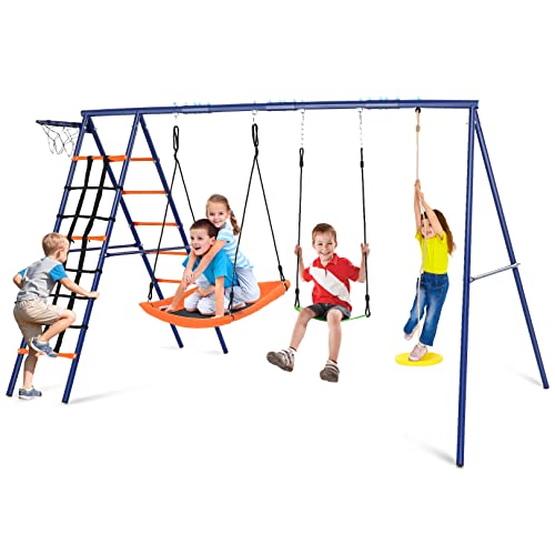 Swing Sets for Backyard 550 lbs - 6 in 1 Multifunction Kids Swing Set Outdoor Heavy Duty Extra Large Metal Swing Frame with 3 Adjustable Swing Climbing Net Climbing Ladder Basketball Hoop