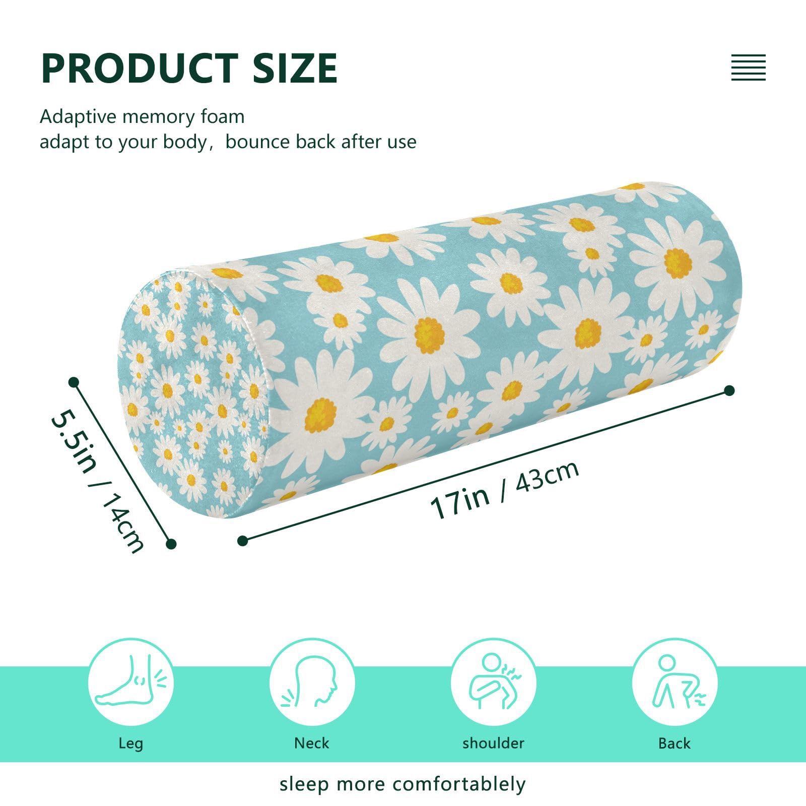 xigua Blue Little Daisies Neck Roll Pillow for Neck Relief with Removable Washable Cover - Memory Foam Round Cylinder Bolster, Ergonomically Designed for Head, Neck, Back, and Legs