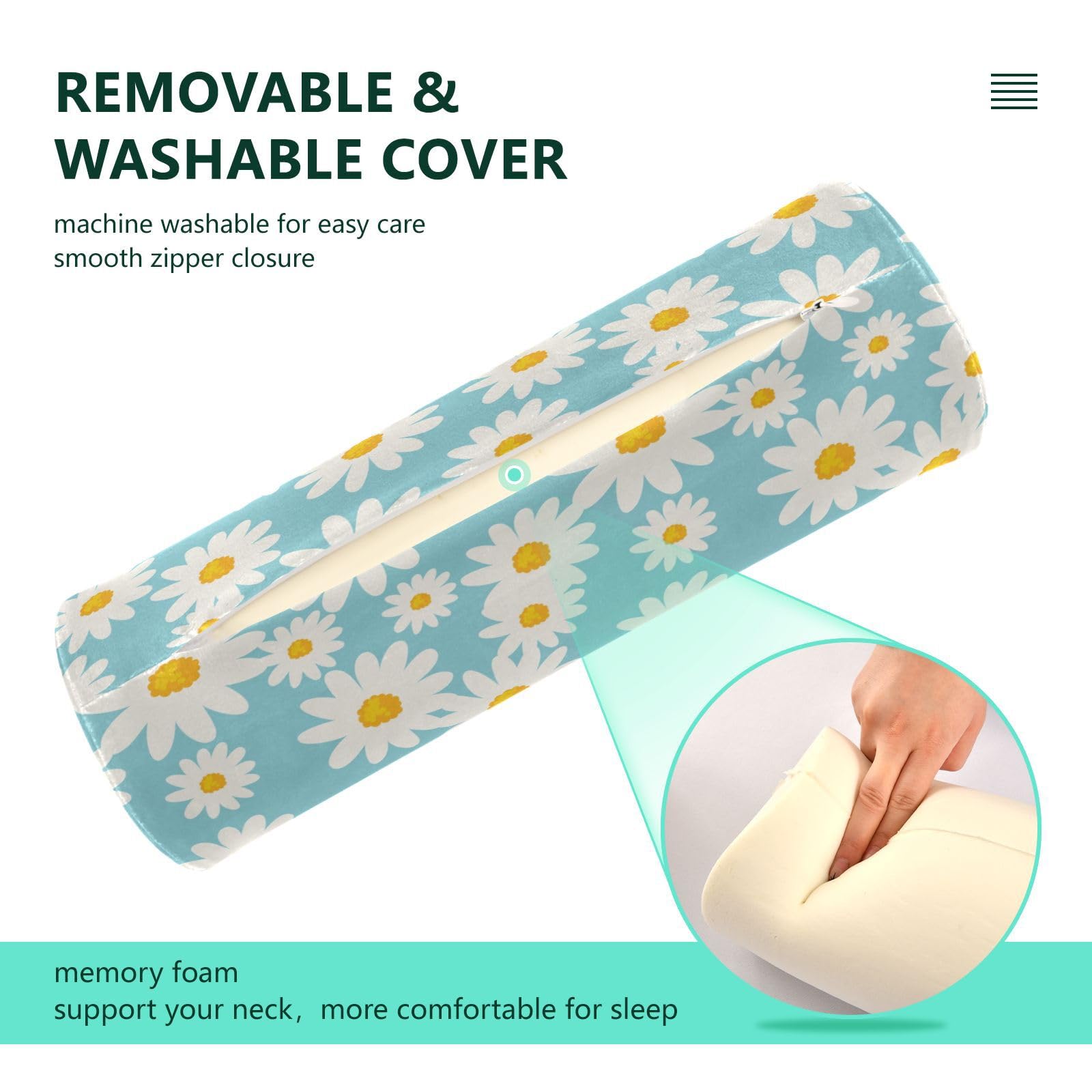 xigua Blue Little Daisies Neck Roll Pillow for Neck Relief with Removable Washable Cover - Memory Foam Round Cylinder Bolster, Ergonomically Designed for Head, Neck, Back, and Legs