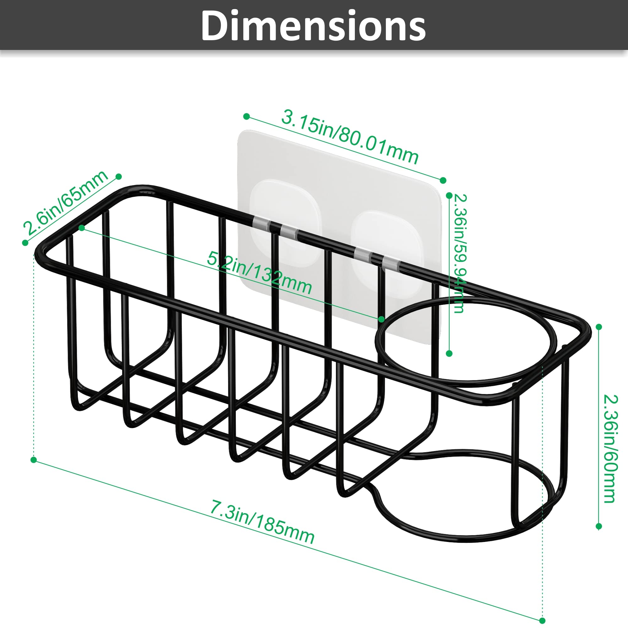 Kesol Adhesive SInk Sponge Holder + Brush Holder, 2-in-1 Sink Caddy, SUS304 Stainless Steel Rust Proof Water Proof Kitchen Sponge Holder, Black