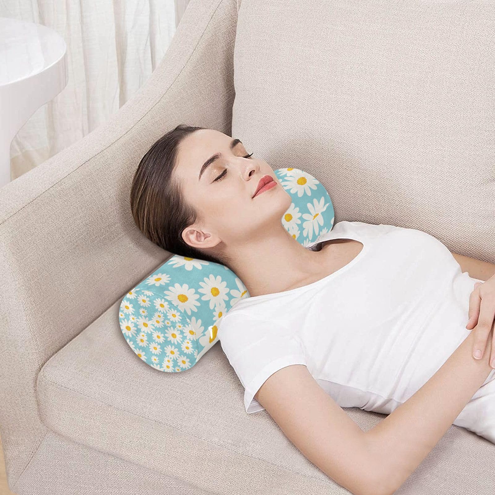 xigua Blue Little Daisies Neck Roll Pillow for Neck Relief with Removable Washable Cover - Memory Foam Round Cylinder Bolster, Ergonomically Designed for Head, Neck, Back, and Legs