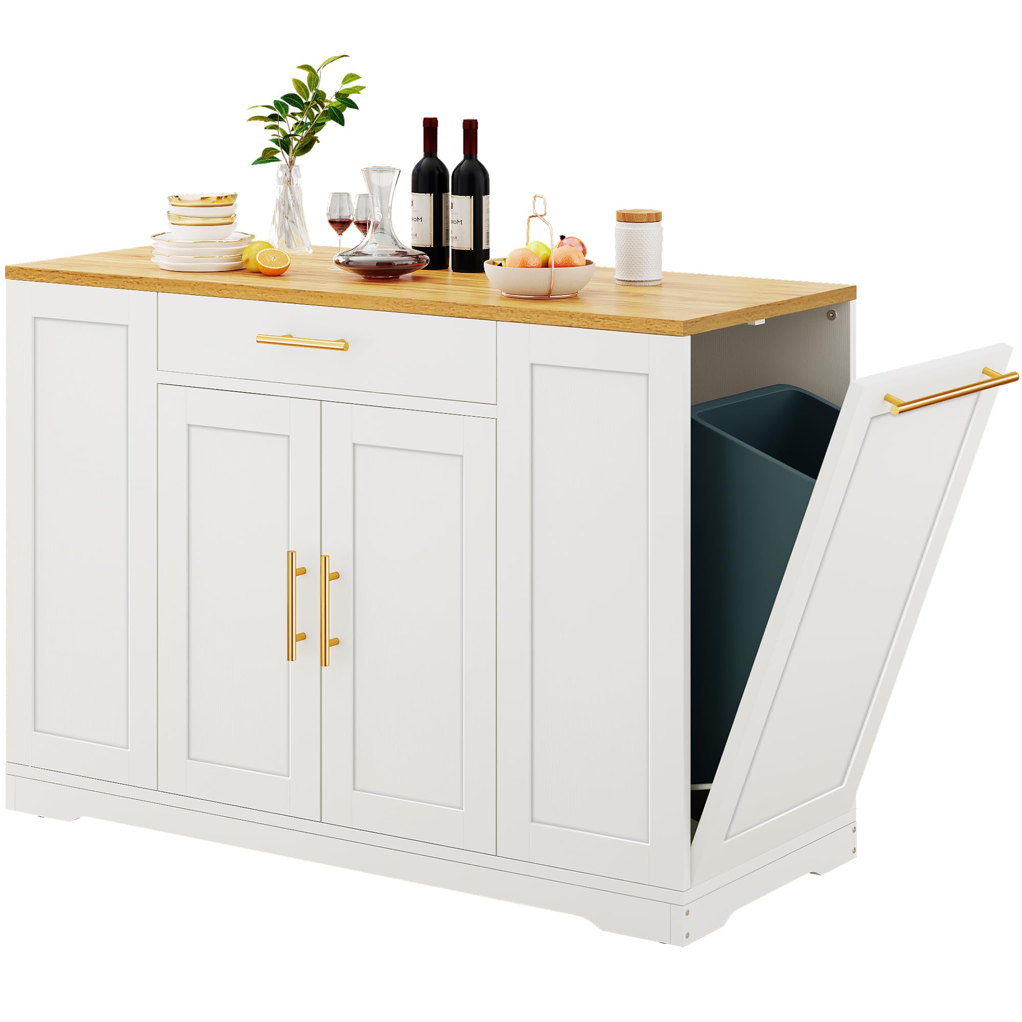 YITAHOME 53 inch Large Rolling Kitchen Island with Trash Can Storage Cabinet, Portable Mobile Islands Table Long Floating Movable w Wheels Cabinet for 13 Gallon Garbage Bin 2 Drawer, White Oak