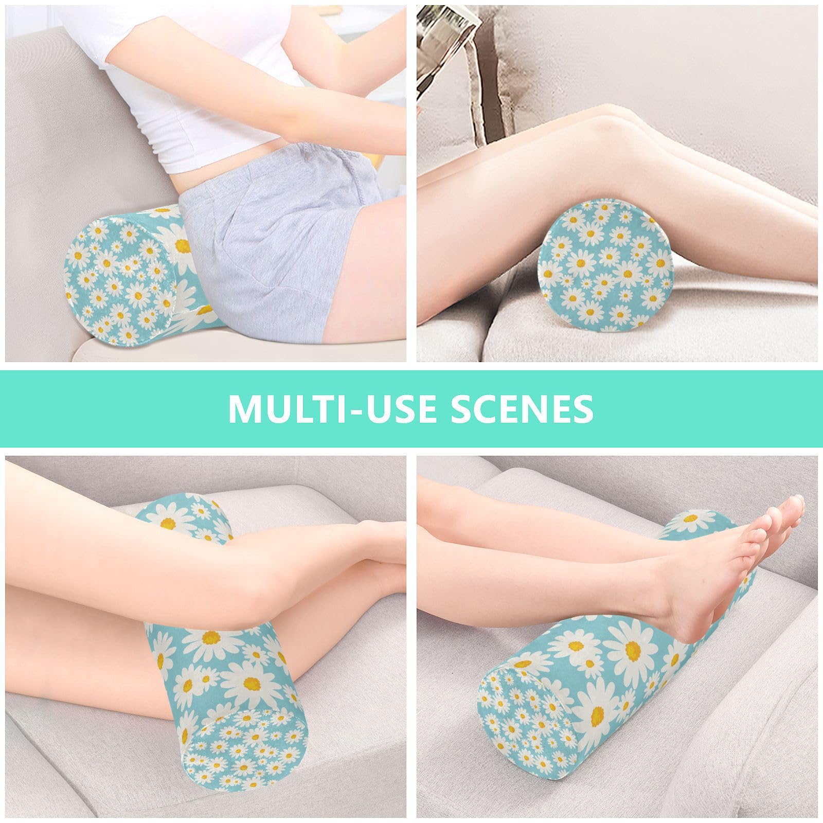 xigua Blue Little Daisies Neck Roll Pillow for Neck Relief with Removable Washable Cover - Memory Foam Round Cylinder Bolster, Ergonomically Designed for Head, Neck, Back, and Legs