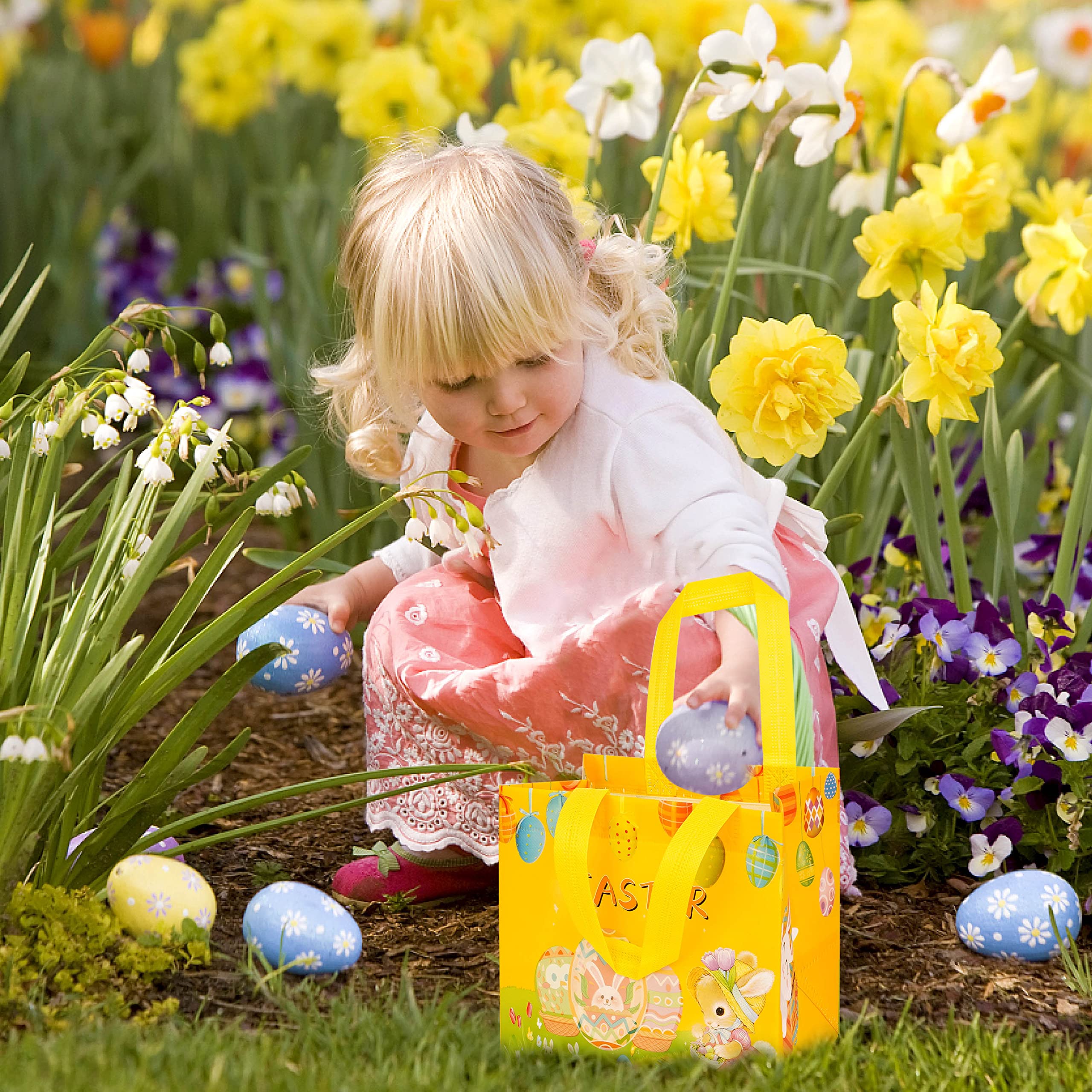 ANOTION Easter Gift Bags, 20 Packs Easter Bags for Kids Easter Treat Bags with Handle, Reusable Easter Goodie Bags Non-woven Rabbit Bunny Bag for Easter Party Favors