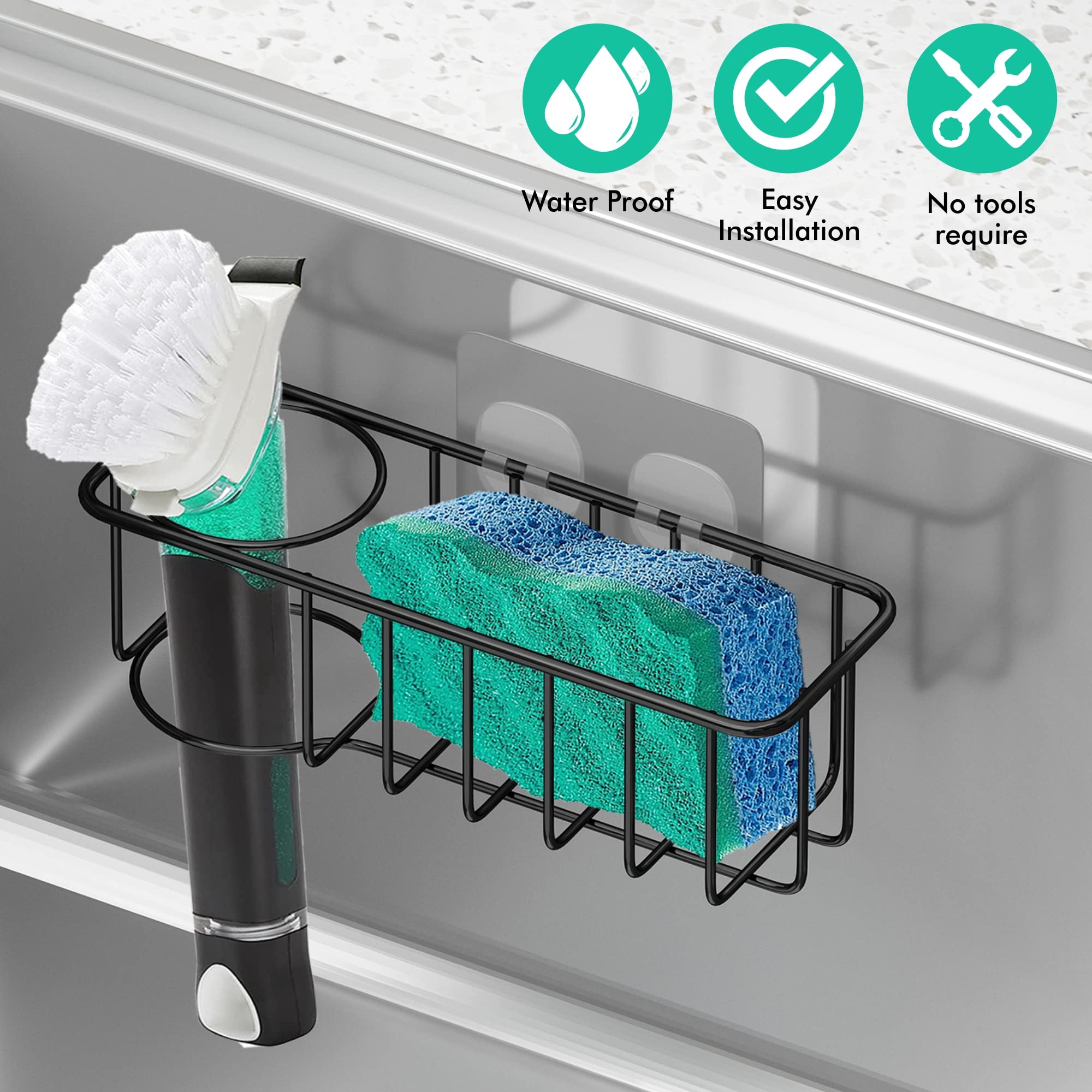 Kesol Adhesive SInk Sponge Holder + Brush Holder, 2-in-1 Sink Caddy, SUS304 Stainless Steel Rust Proof Water Proof Kitchen Sponge Holder, Black