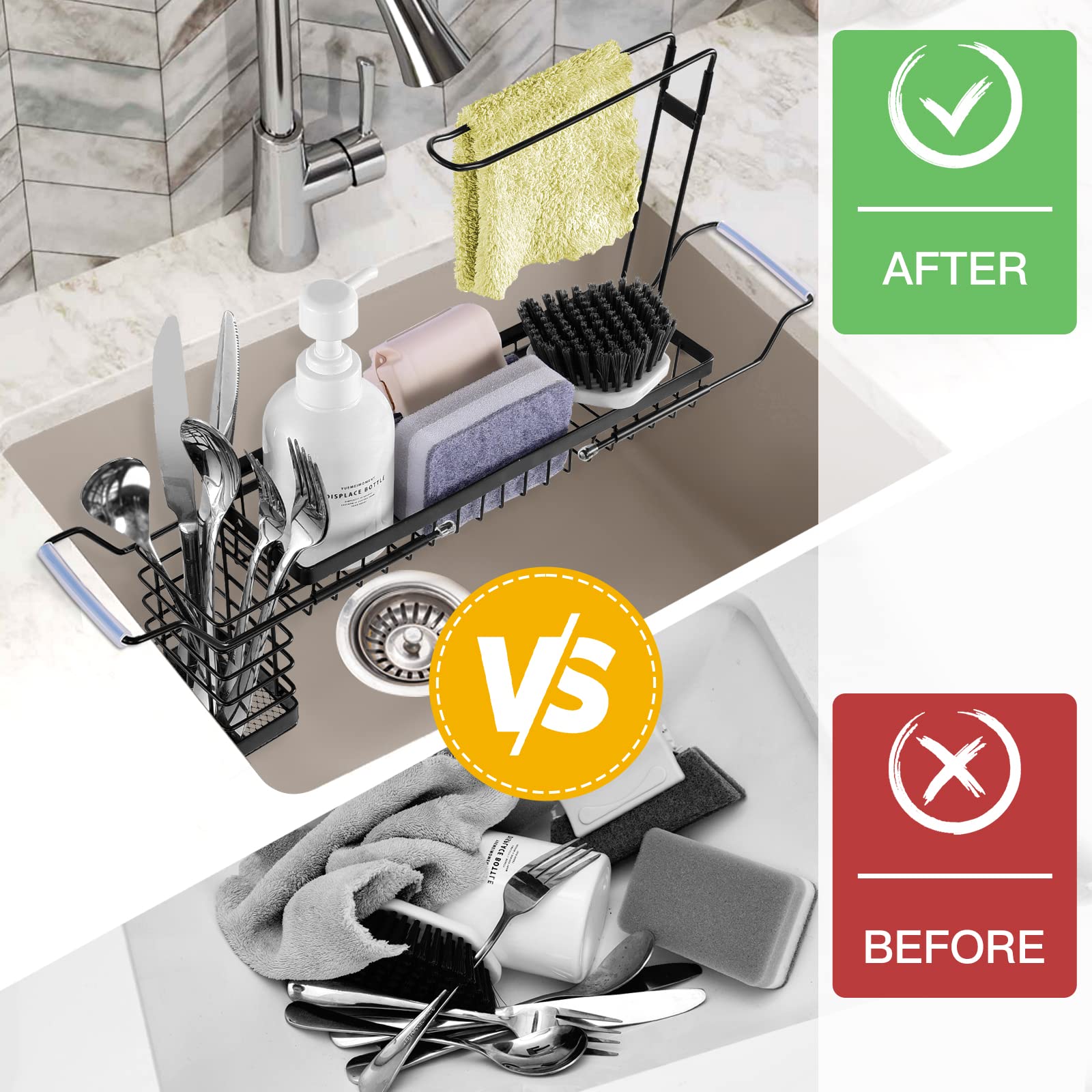 LOLOST Sink Caddy Sponge Holder, Expandable (16.7"-21.3") Kitchen Telescopic Sink Storage Rack , 4-in-1 Telescopic Sink Shelf with Dish Towels Drying Rack, Black