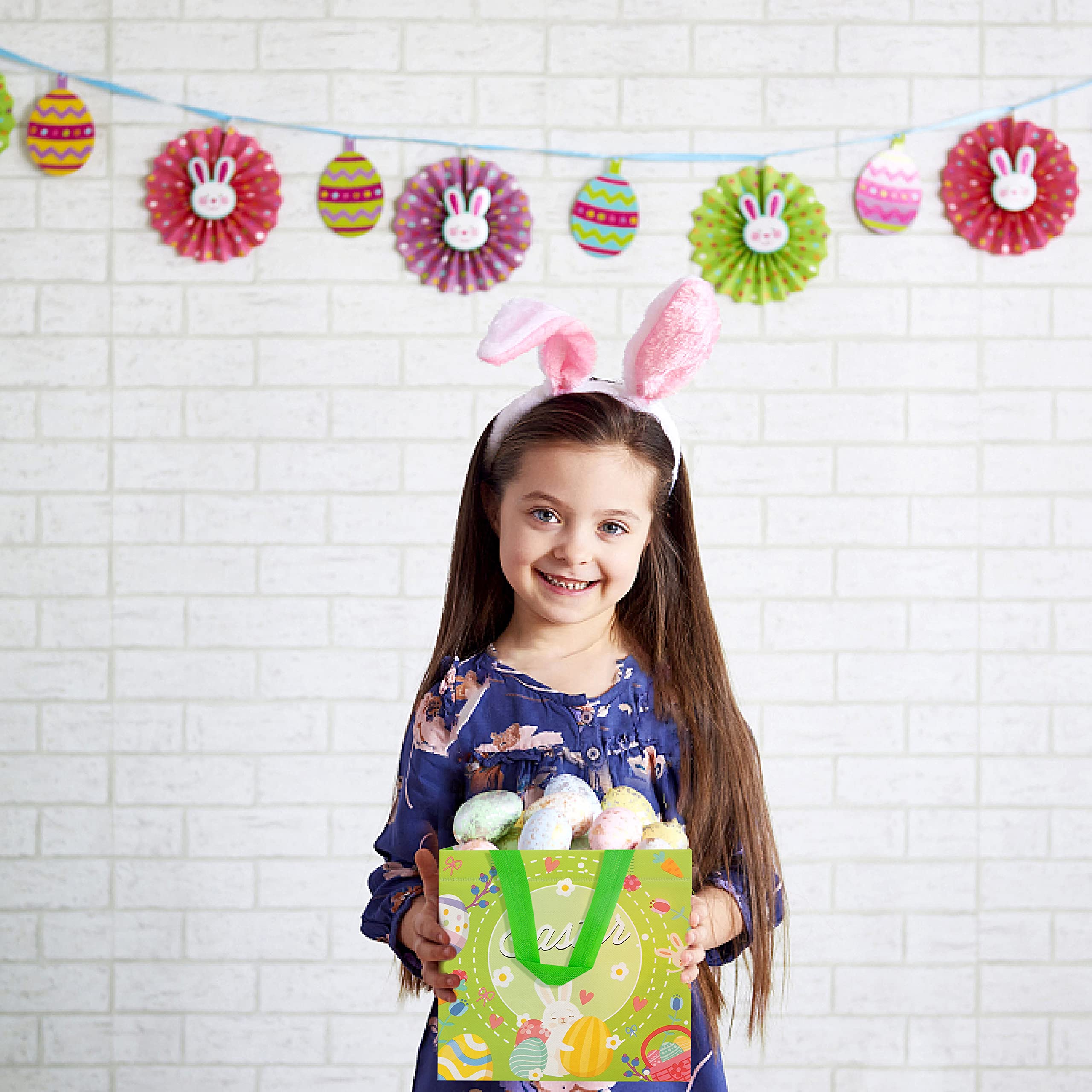 ANOTION Easter Gift Bags, 20 Packs Easter Bags for Kids Easter Treat Bags with Handle, Reusable Easter Goodie Bags Non-woven Rabbit Bunny Bag for Easter Party Favors