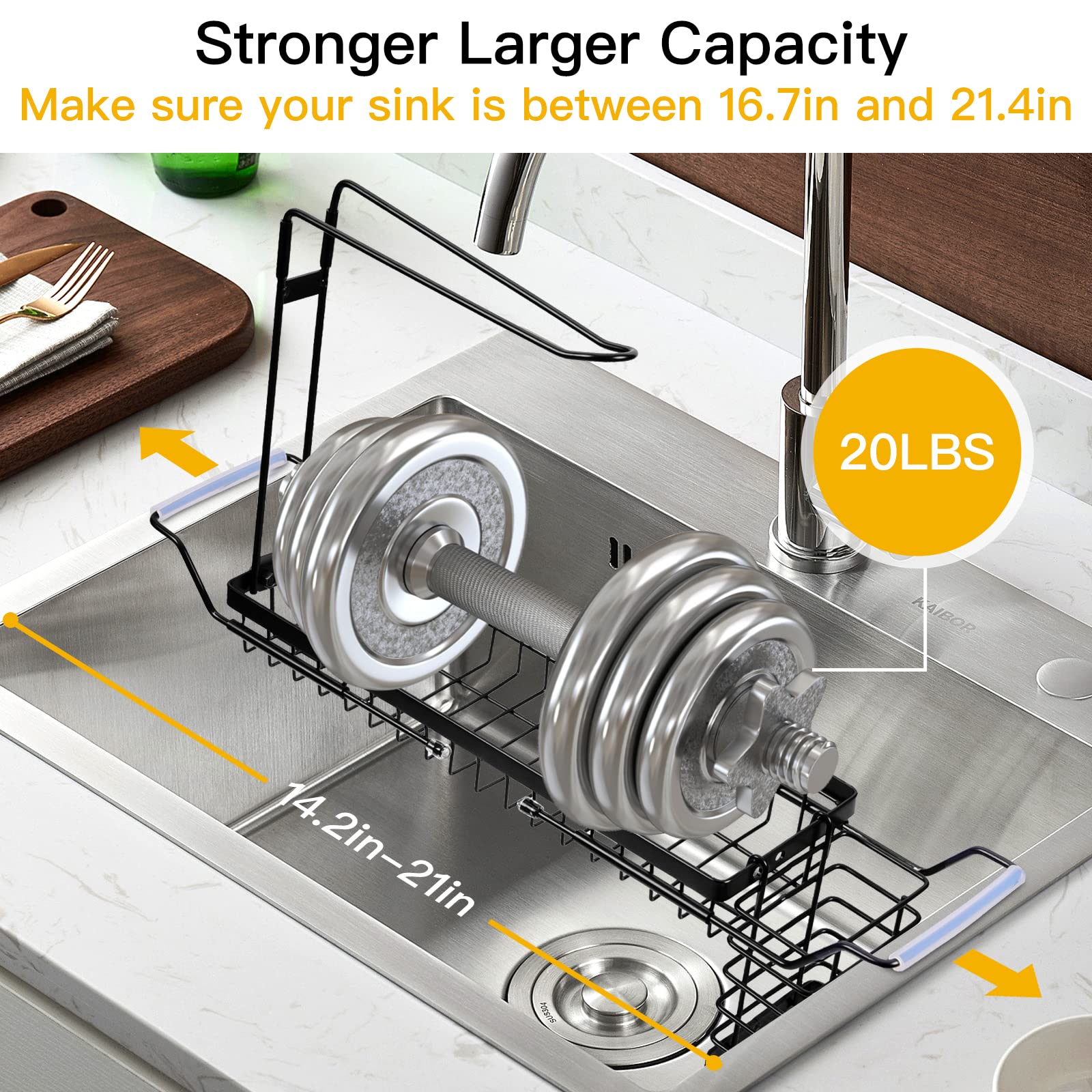 LOLOST Sink Caddy Sponge Holder, Expandable (16.7"-21.3") Kitchen Telescopic Sink Storage Rack , 4-in-1 Telescopic Sink Shelf with Dish Towels Drying Rack, Black