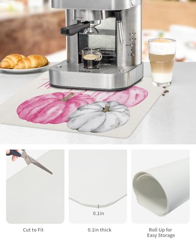 Coffee Mat for Counter, Give Thanks Pink and White Watercolor Pumpkins Absorbent Hide Stain Coffee Bar Mat, Non-slip Coffee Bar Accessories Kitchen Drying Mat Fit Under Coffee Maker Espresso Machine