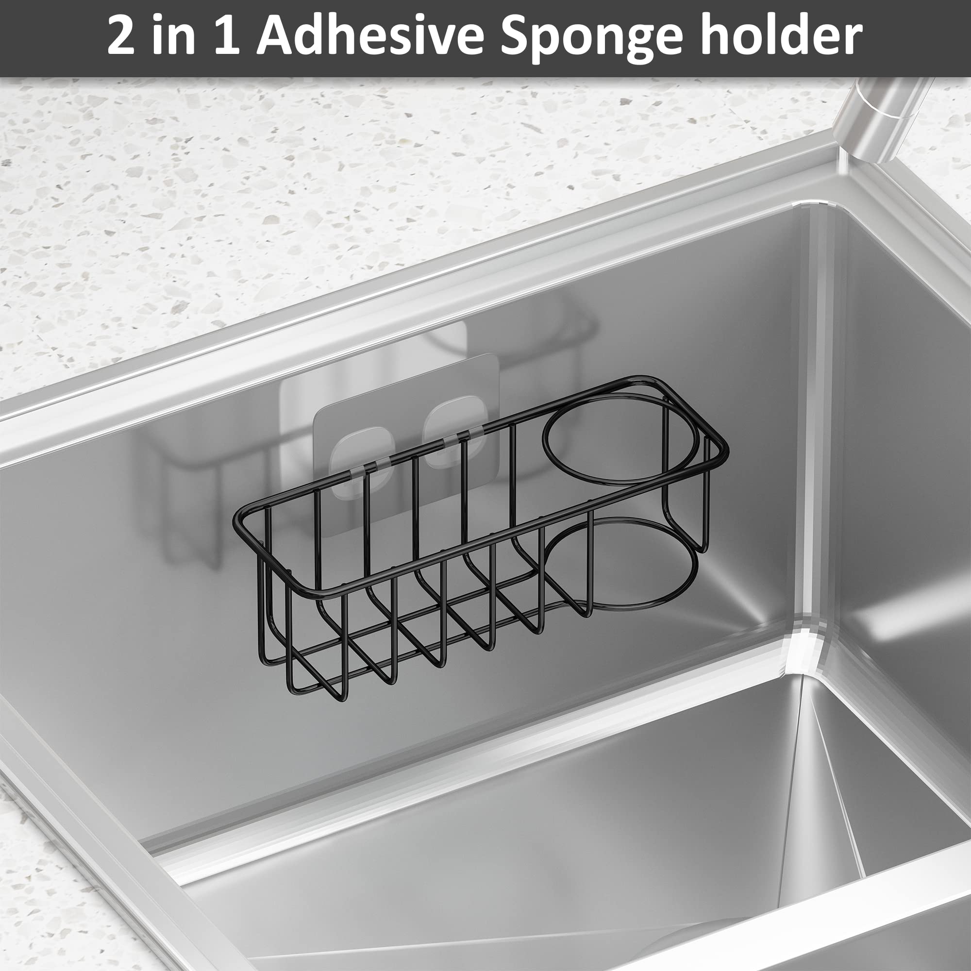 Kesol Adhesive SInk Sponge Holder + Brush Holder, 2-in-1 Sink Caddy, SUS304 Stainless Steel Rust Proof Water Proof Kitchen Sponge Holder, Black
