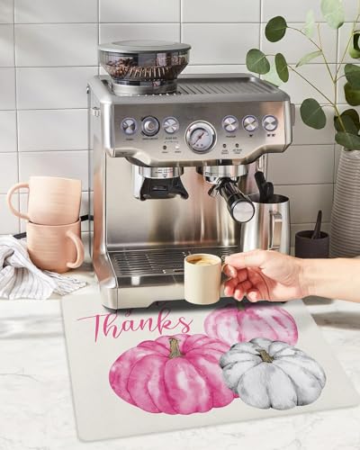 Coffee Mat for Counter, Give Thanks Pink and White Watercolor Pumpkins Absorbent Hide Stain Coffee Bar Mat, Non-slip Coffee Bar Accessories Kitchen Drying Mat Fit Under Coffee Maker Espresso Machine