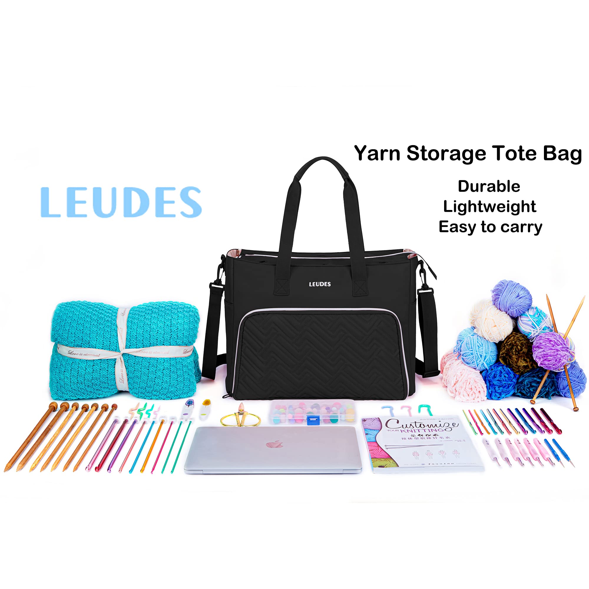 Crochet Tote Bag,Leudes Knitting Bag Fits 15.6 Inch Laptop Yarn Storage Organizer Large Yarn Holder Hook Case for Knitting & Crochet Supplies (Black)