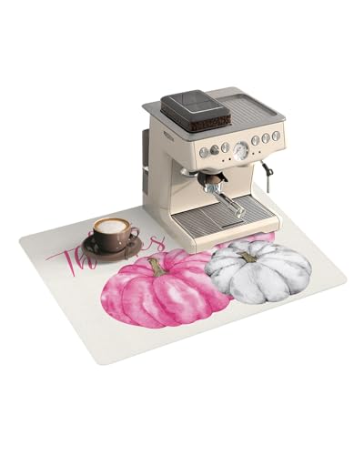 Coffee Mat for Counter, Give Thanks Pink and White Watercolor Pumpkins Absorbent Hide Stain Coffee Bar Mat, Non-slip Coffee Bar Accessories Kitchen Drying Mat Fit Under Coffee Maker Espresso Machine
