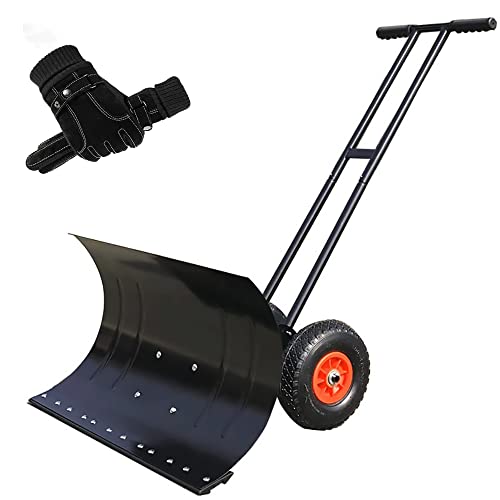 ZhoneQingXninRED Wheeled Snow Pusher Shovel Heavy Duty Rolling with Adjustable Handle & Anti-Skid Wheels and Winter Gloves Removal Tool for Driveway Garden Pavement (29.1x16.5IN )