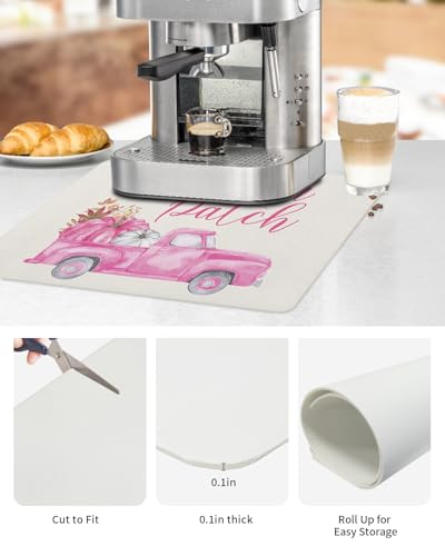 Coffee Mat for Counter, Fall Thanksgiving Pink Truck Pink and White Pumpkin Patch Absorbent Hide Stain Coffee Bar Mat, Non-slip Coffee Bar Accessories Kitchen Drying Mat Fit Under Coffee Maker