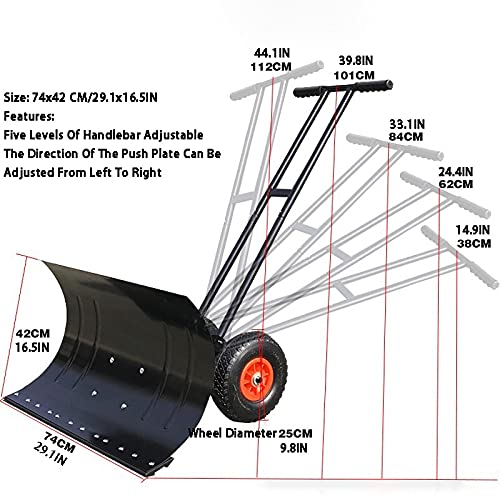 ZhoneQingXninRED Wheeled Snow Pusher Shovel Heavy Duty Rolling with Adjustable Handle & Anti-Skid Wheels and Winter Gloves Removal Tool for Driveway Garden Pavement (29.1x16.5IN )