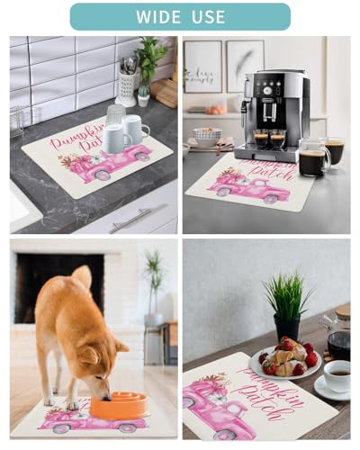 Coffee Mat for Counter, Fall Thanksgiving Pink Truck Pink and White Pumpkin Patch Absorbent Hide Stain Coffee Bar Mat, Non-slip Coffee Bar Accessories Kitchen Drying Mat Fit Under Coffee Maker