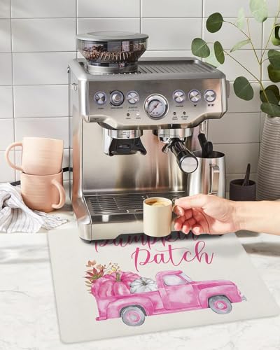 Coffee Mat for Counter, Fall Thanksgiving Pink Truck Pink and White Pumpkin Patch Absorbent Hide Stain Coffee Bar Mat, Non-slip Coffee Bar Accessories Kitchen Drying Mat Fit Under Coffee Maker