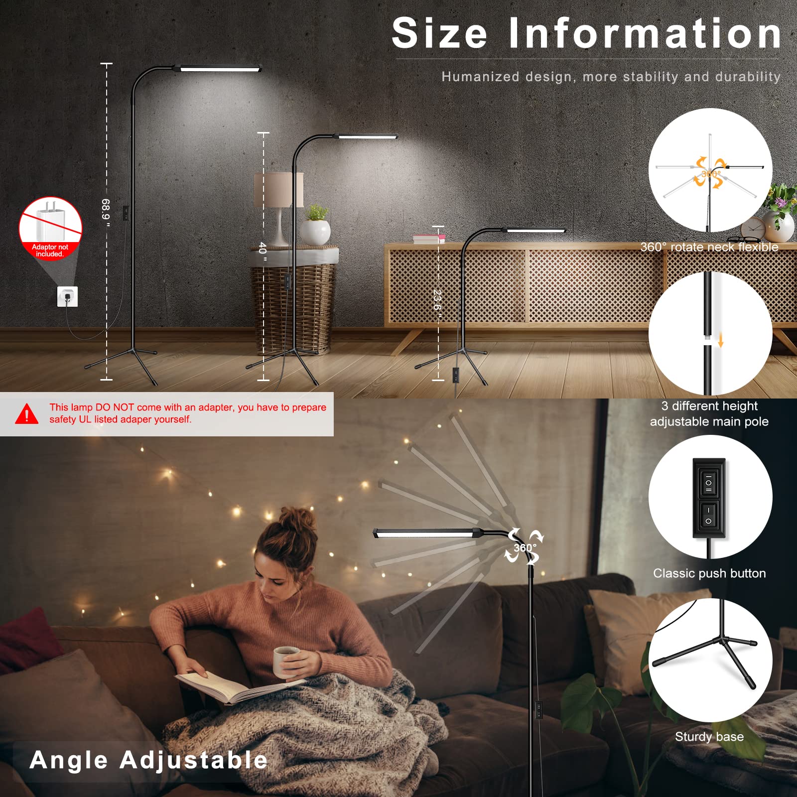 Led Floor Lamp for Eyelash Extensions Craft Task Lamps Floor Standing Adjustable Gooseneck Dimmer Beauty Lamp Floor for Lashes Facial Spa Salon Makeup