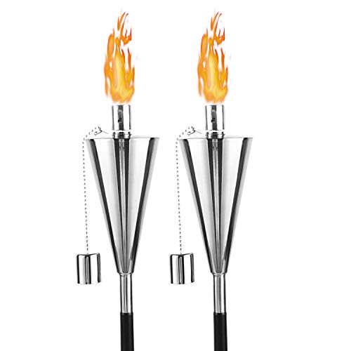 FAB BASED Oil Torch Lamp Torch for Patio/Garden/Lawn/Backyard - 55 inch - Stainless Steel - Fiber Glass Wick - Set of 2 Pieces-Outdoor Oil Lamp for Citronella (Silver)