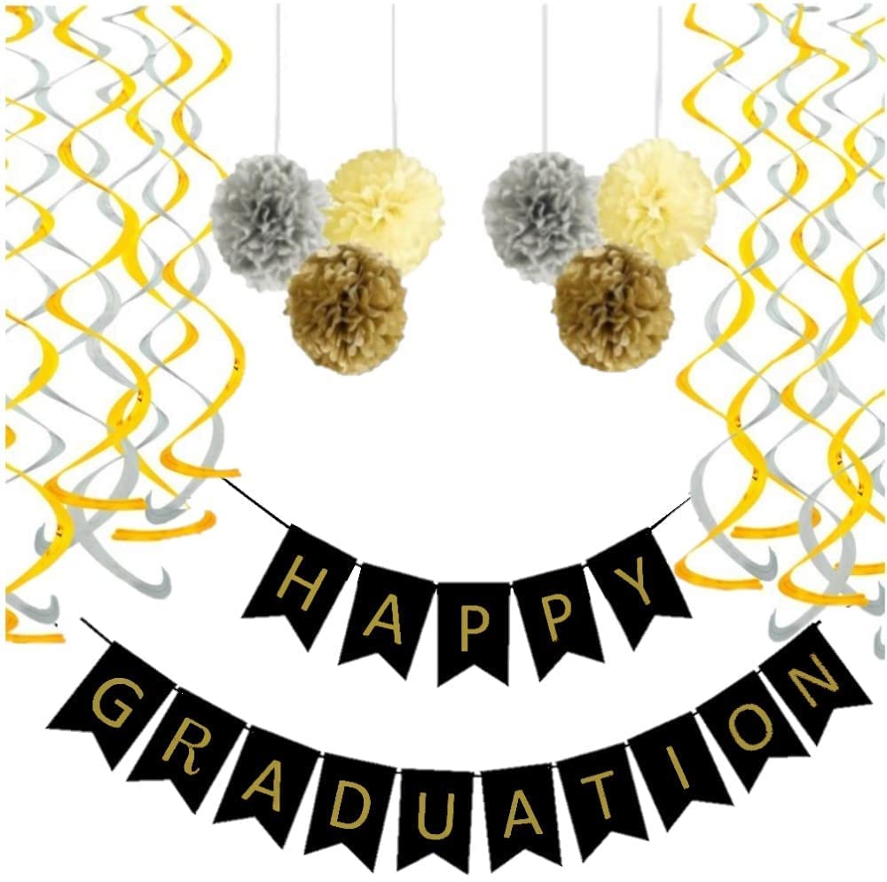 Graduation Party Decorations 2022, Happy Graduation Banner with 6 Pom Poms 2 Gold 2 Yellow 2 Sliver, 6 Swirls 3 Gold 3 Sliver, Graduation Decorations, Graduation Party Supplies 2022
