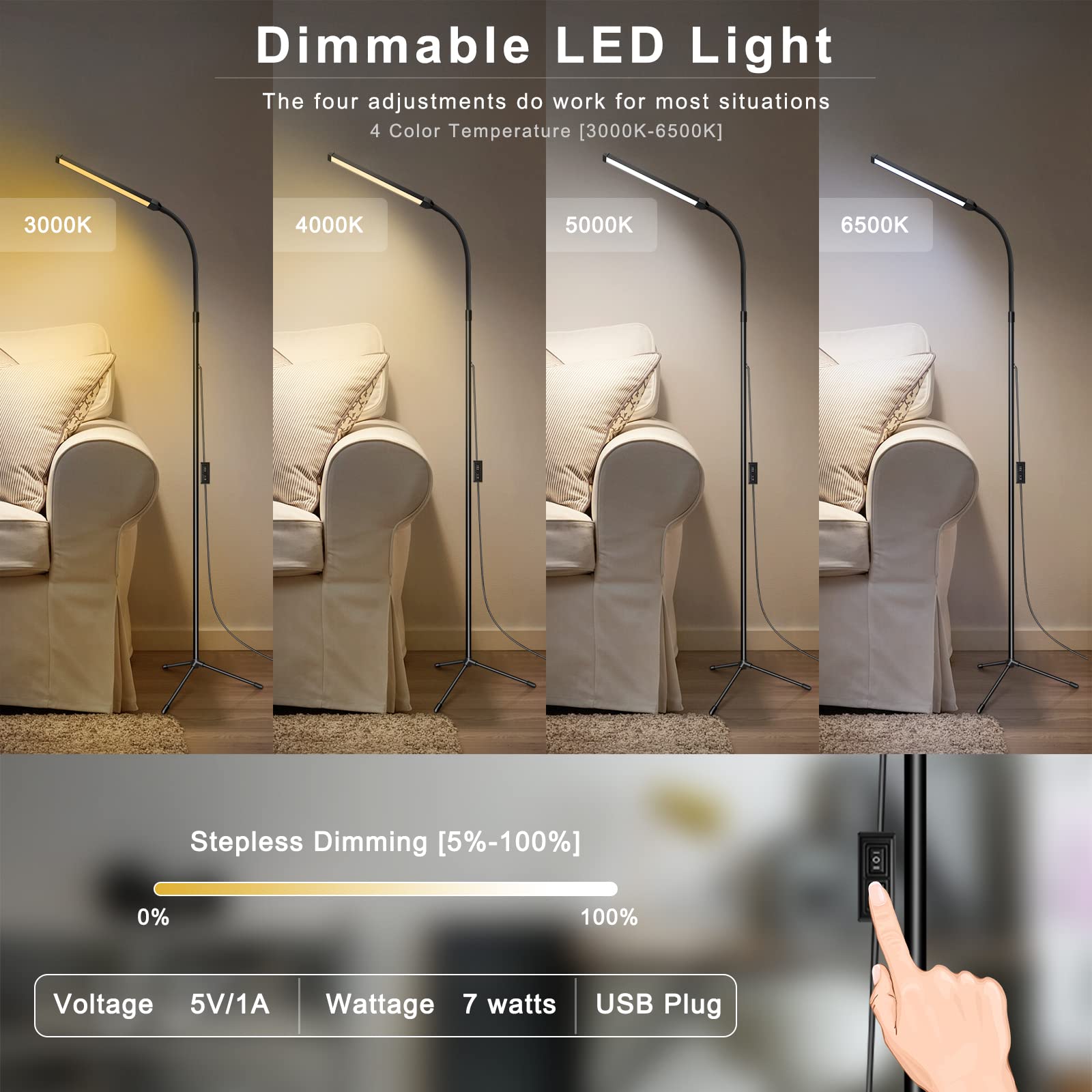 Led Floor Lamp for Eyelash Extensions Craft Task Lamps Floor Standing Adjustable Gooseneck Dimmer Beauty Lamp Floor for Lashes Facial Spa Salon Makeup