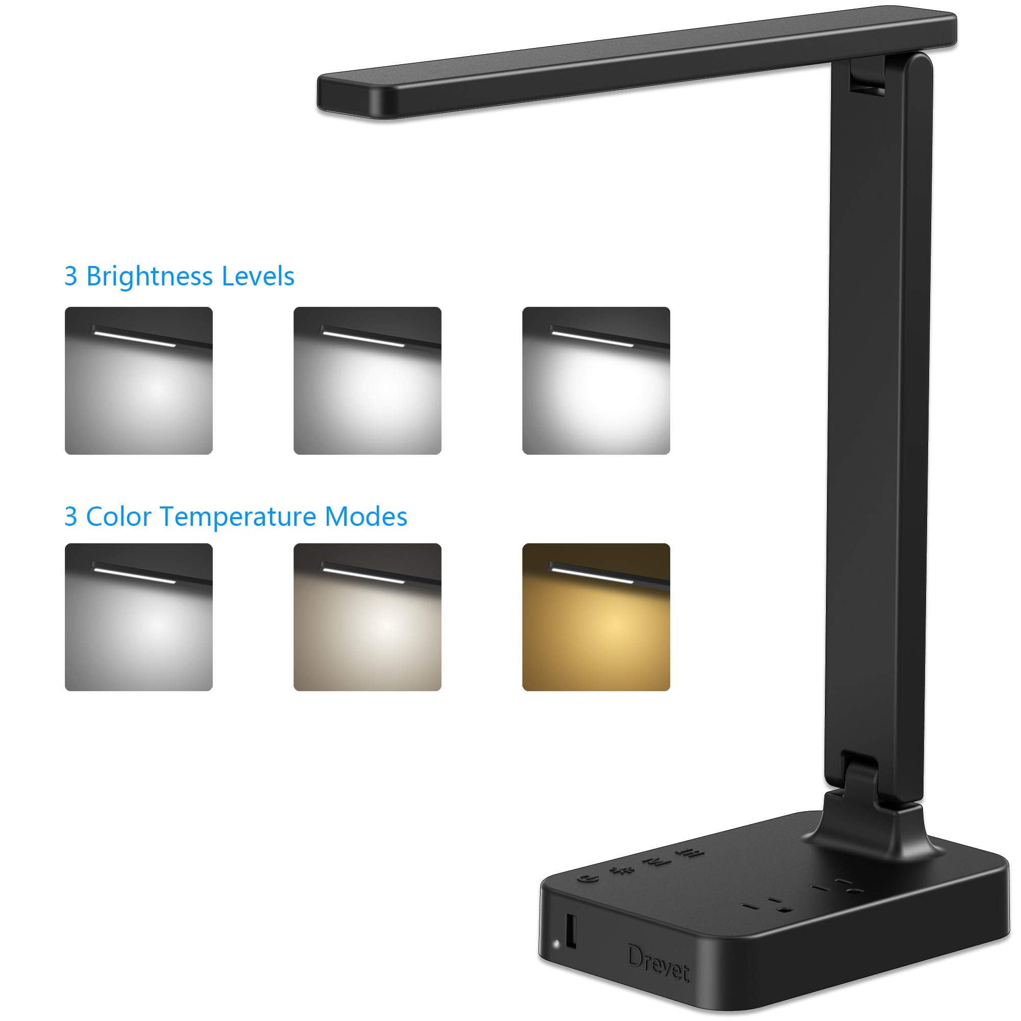 Drevet LED Desk Lamp, Desk Light with 1 USB Charging Port and 2 AC Power Outlet, 3 Lighting Modes, 3 Level Brightness,1H Timer, Touch Control, Eye-Caring Home Office Foldable Table Lamp (Black)