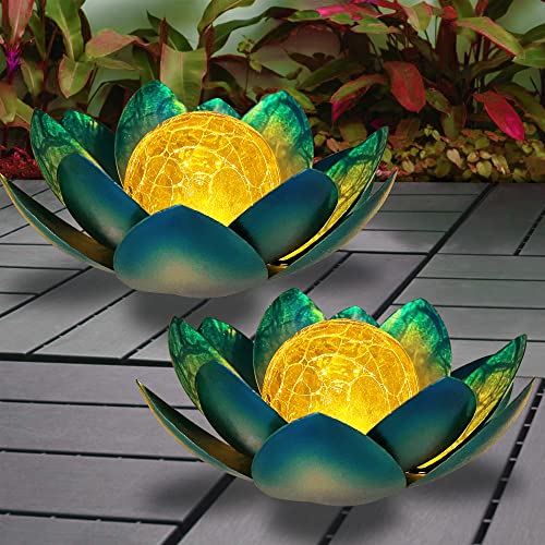 Montex 2 Pack Solar Lights Outdoor Garden Decor LED Crackle Globe Glass Metal Lotus Waterproof Metal Flower Lights for Patio,Lawn, Blue