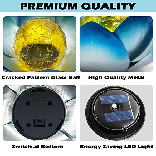 Montex 2 Pack Solar Lights Outdoor Garden Decor LED Crackle Globe Glass Metal Lotus Waterproof Metal Flower Lights for Patio,Lawn, Blue