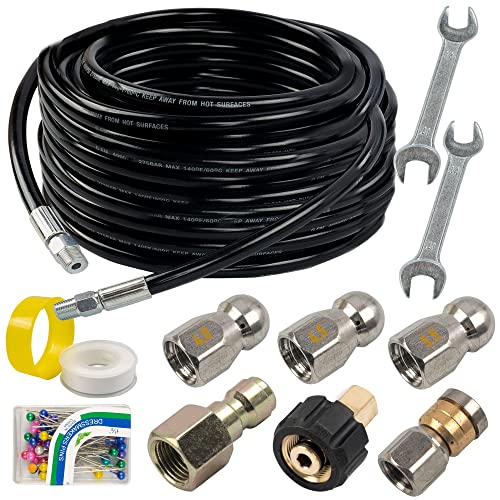 Hourleey Sewer Jetter Kit for Pressure Washer 50FT, Drain Cleaner Hose 1/4 Inch NPT, Orifice 4.0 Button Nose and Rotating Sewer Jetting Nozzle Spanner Tape Pearl Corsage Pin, 4000 PSI
