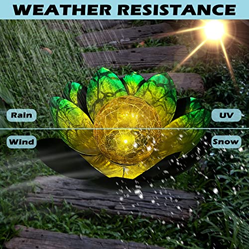 Montex 2 Pack Solar Lights Outdoor Garden Decor LED Crackle Globe Glass Metal Lotus Waterproof Metal Flower Lights for Patio,Lawn, Blue