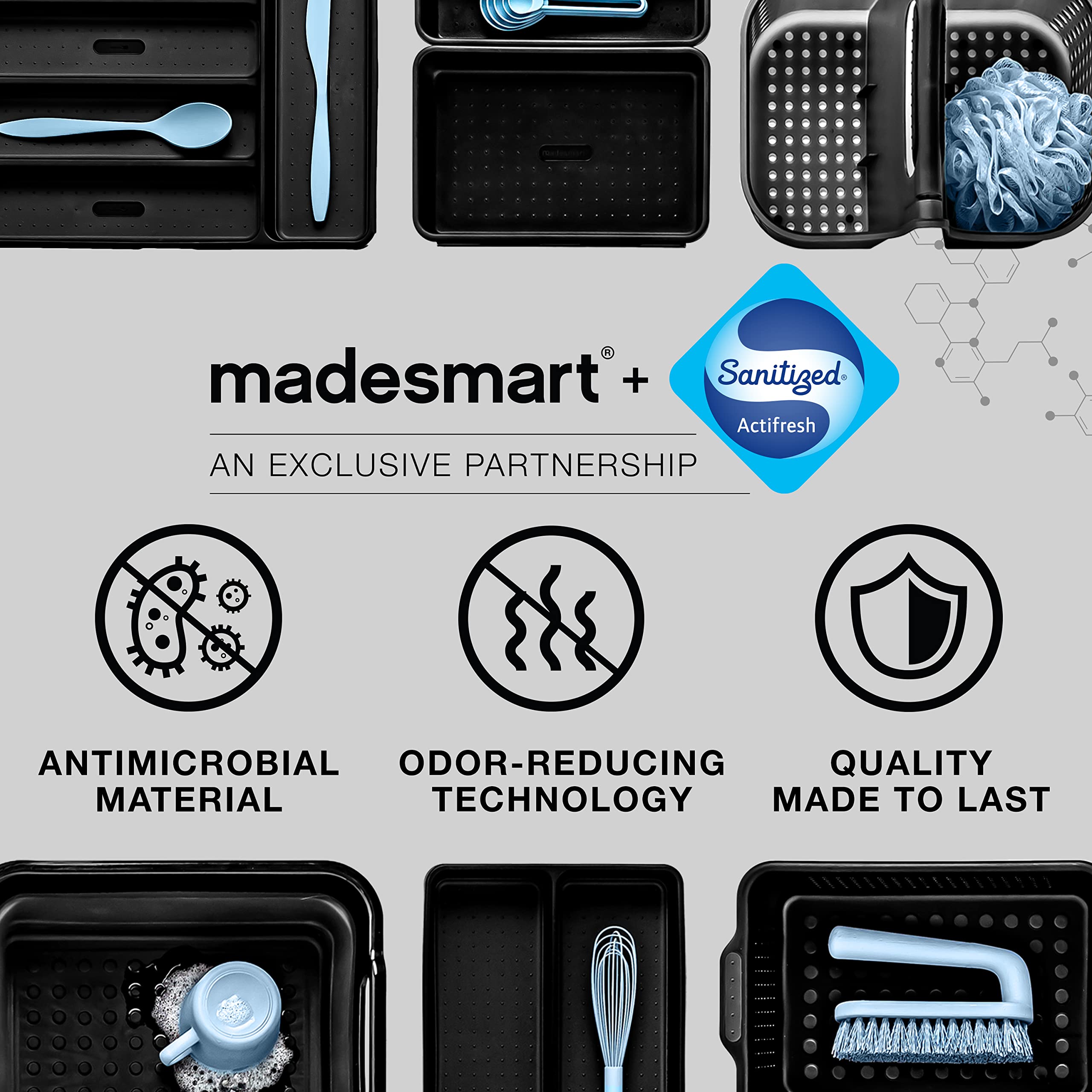 madesmart Antimicrobial Clear Soft Grip Large Utensil Tray, Non-Slip Kitchen Drawer Organizer, 3 Compartments, Multi-Purpose Home Organization, EPA Certified, Light Grey