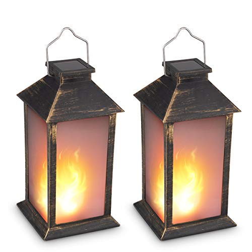 13" Vintage Style Solar Powered Flame Effect (Metallic Coating Black,Plastic),Garden Light Vivid Fire Effect,Outdoor Solar Hanging Lantern,Decorative Candle Lanterns ZKEE (Set of 2)