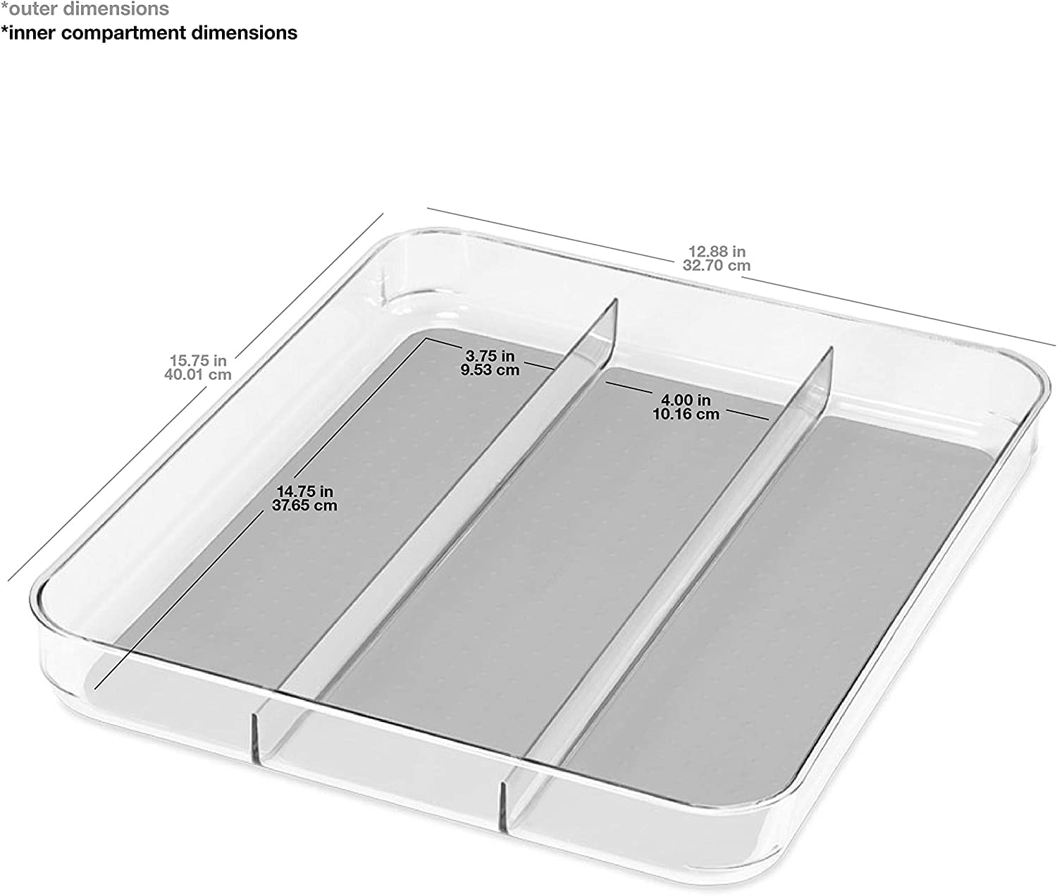 madesmart Antimicrobial Clear Soft Grip Large Utensil Tray, Non-Slip Kitchen Drawer Organizer, 3 Compartments, Multi-Purpose Home Organization, EPA Certified, Light Grey