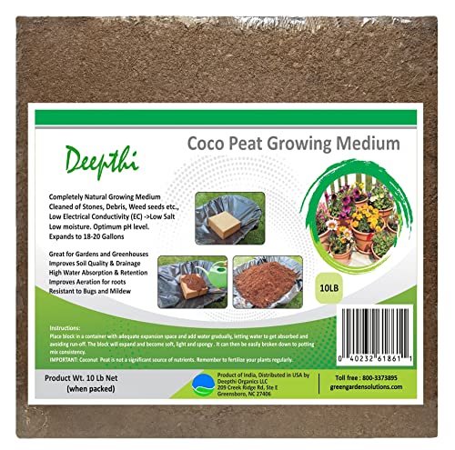 Deepthi Coco Peat Growing Medium – OMRI Listed for Organic Use – 10 Lb Coco Coir Brick for Plants – Also Known As Coco or Coconut Fiber Soil – Substitute for Peat Moss – Low EC, High Expansion
