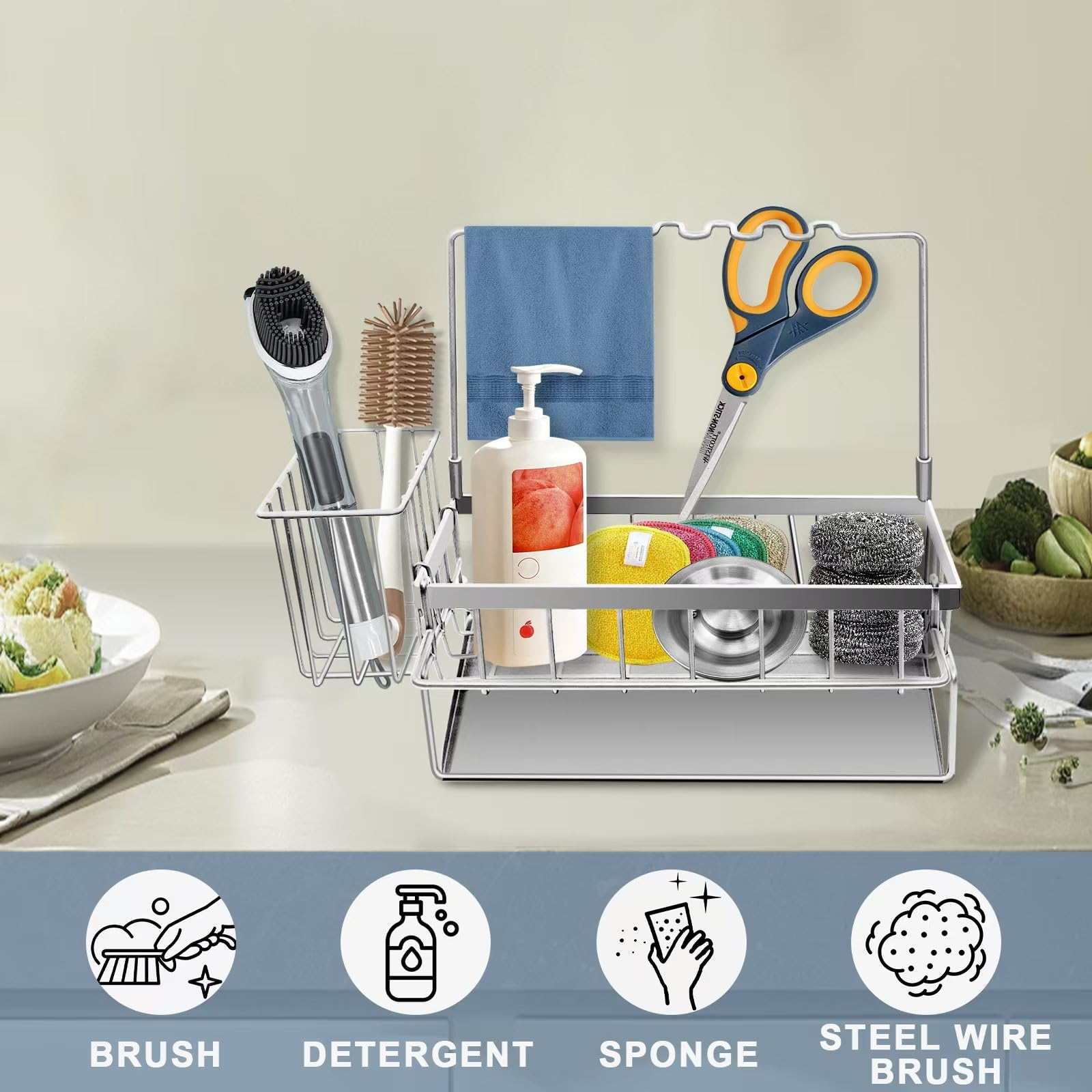 Yazoni 4 in 1 Sponge Holder for Kitchen Sink, Sponge Holder + Brush Holder + Dishcloth Hanger + Sink Stopper Holder with 2 Installation Ways, No Drilling Adhesive Sink Caddy Kitchen Sink Organizer