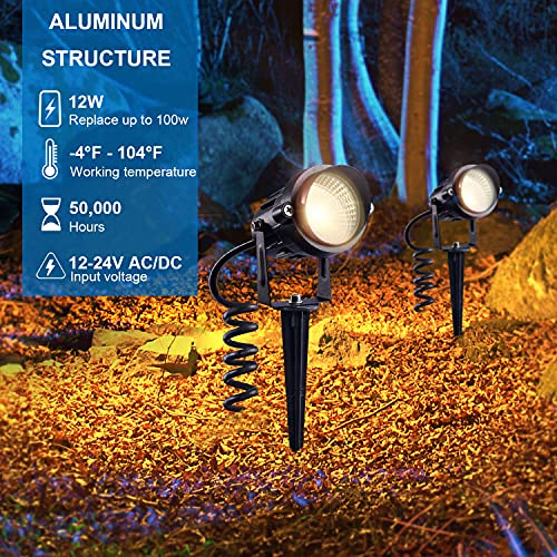 SUNVIE 12W LED Low Voltage Landscape Lights, Outdoor 12V 3000K Warm White (900LM) Waterproof Garden Pathway Lights Wall Tree Flag Spotlights with Spike Stand, 2 Pack with Connector