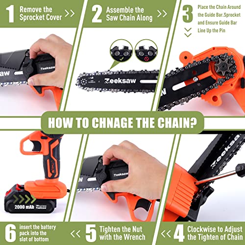 Mini Chainsaw 6 Inch Cordless, Zeeksaw Super Power Hand Chain Saw with Battery, 1 Hour Run-Time Electric Chainsaw Cordless, Small Handheld Chainsaw Battery Powered, Electric Mini Chain Saw - Tree Wood