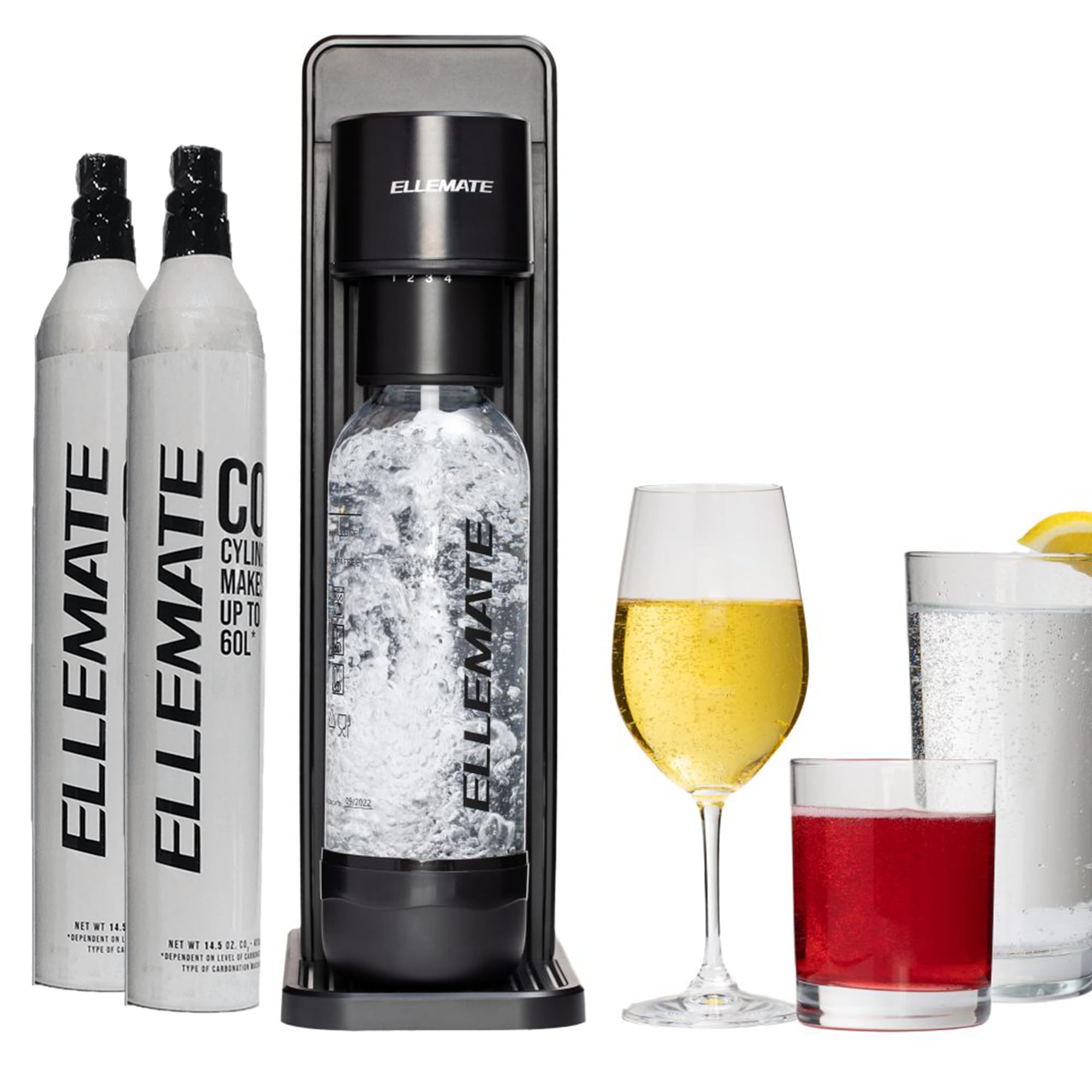 Ellemate Dynamic Carbonated Drink Maker with 2 CO2 Cartridges; Fizz Soda, Water, Wine, Juice and More; Adjustable Carbonation - (Machine + CO2 Cylinder, Dark Gray)