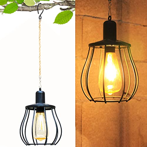 Hanging Solar Lights Outdoor - Hemp Rope Solar Powered Lantern Waterproof Retro Lanterns Lamps with Warm Light Edison Bulb for Patio,Yard,Garden and Pathway Decoration(Semicircle), Warm White